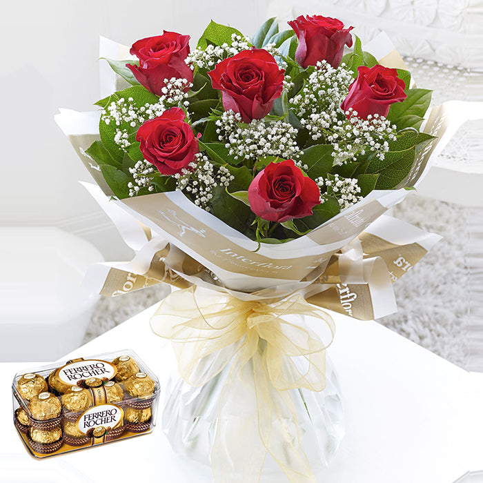 Bouquet of 6 Red Roses with Ferrero Rocher Chocolate Box | Order Online ...